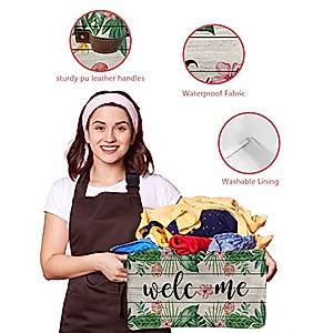 Storage Basket Tropical Plants Flower Large Foldable Storage Bins with Handles Flamingo Palm Leaf Wood Grain Waterproof Fabric Laundry Baskets for Organizing Shelves Closet Toy Gifts Bedroom Home Decor
