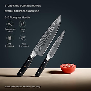ZongChuan 8C Damascus Kitchen Knife Set 2pc,8" Chef Knife and 5.5" Utility Knife,High Carbon Stainless Steel,5-Star Sharp Standard,Black Ergonomic G10 Handle,Love's Gift Box