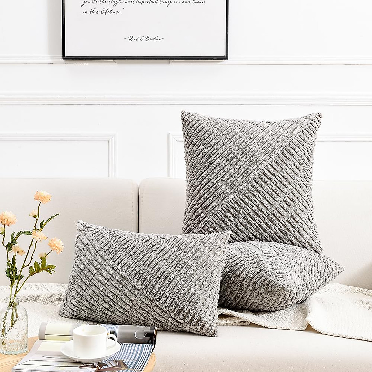 Fancy Homi 2 Packs Gray Decorative Throw Pillow Covers 18x18 Inch for Living Room Couch Bed Sofa, Rustic Farmhouse Boho Home Decor, Soft Corss Corduroy Twill Textured Square Grey Cushion Case 45x45 cm