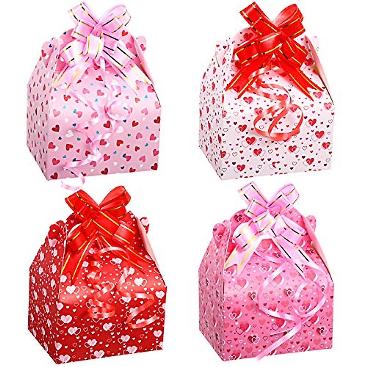 36 Pieces Mini Valentines Day Treat Boxes, Sweet Red and Pink Cardboard Paper Box Heart Printed Candy Boxes for Goody Cookie Holder with 40 Pieces Wrapping Bow Ties for Valentine's Day Party Supplies