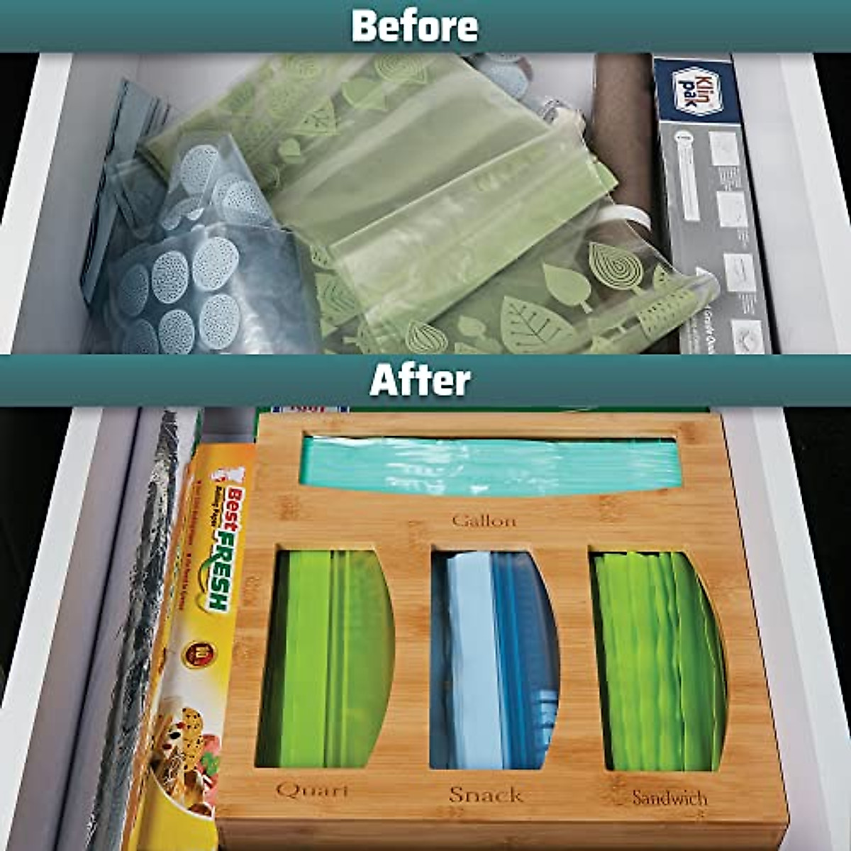 Carnation Brands Bamboo Ziplock Bag Organizer for Drawer - Rustic Brown Dispenser Kitchen Organization Pre-Assembled Baggie Storage to Minimize Clutter 12-''x12-''x3-''