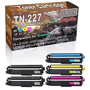 5-Pack (2BK/C/Y/M) Compatible High Capacity TN227 (TN-227BK TN-227C TN-227Y TN-227M) (With Chip) Imaging Toner Cartridge Used for HL-L3210CW L3230CDW L3270CDW L3290CDW L3230CDN MFC-L3710CW Printer