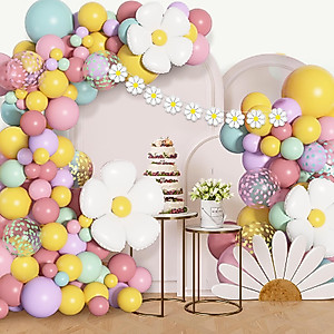 Amandir 162Pcs Daisy Balloon Garland Arch Kit, White Groovy Flower Pastel Balloon Arch Pink Yellow Blue Green Purple Balloons Daisy Banner for Birthday Baby Shower Bridal Wedding