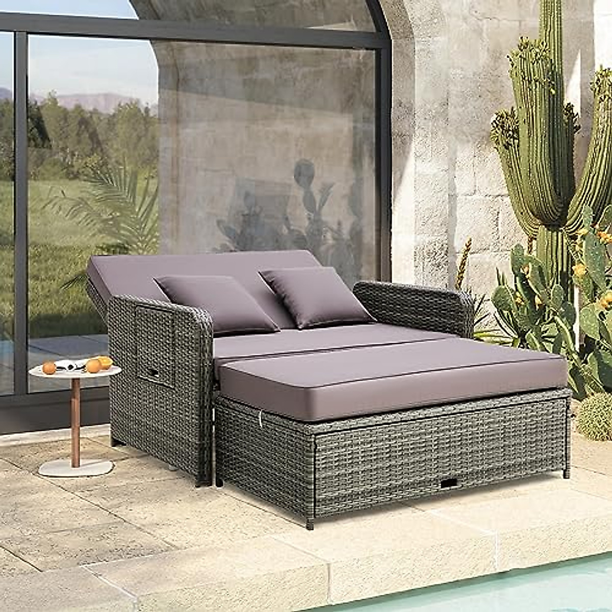 Tangkula Patio Rattan Daybed Set, Wicker Loveseat Sofa w/Multipurpose Ottoman & Retractable Side Tray, 4-Level Adjustable Backrest, Footstool w/Storage, Seat & Back Cushion Included (Gray)