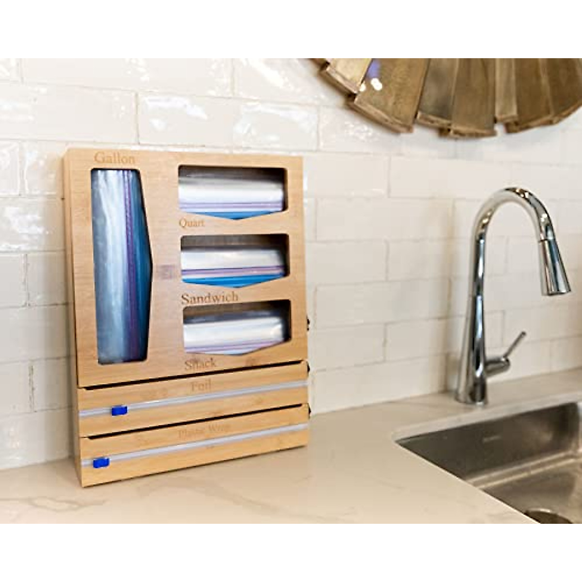 Bamboo Ziplock Bag Organizer, Kitchen Food Storage organizer, Baggie organizer for Kitchen Plastic Bag Storage, Foil, Plastic Wrap, Gallon, Quart, Sandwich, Snack