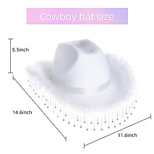 JUSTOTRY White Cowgirl Hat for Women with Rhinestone Fringe Feathers and Wide Brime Cowboy Hats for Girl Dress up Disco Party