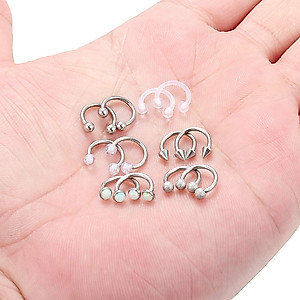 SCERRING 6 Pairs 16G Stainless Steel Horseshoe Septum Ring Nose Rings Hoop Helix Daith Cartilage Tragus Earrings Lip Body Piercing Jewelry Opal 8mm Silver