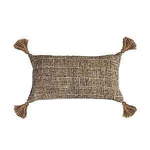 Creative Co-Op Woven Cotton Blend Lumbar Tassels and Chambray Back Pillow, 24" L x 14" W x 2" H, Multicolor