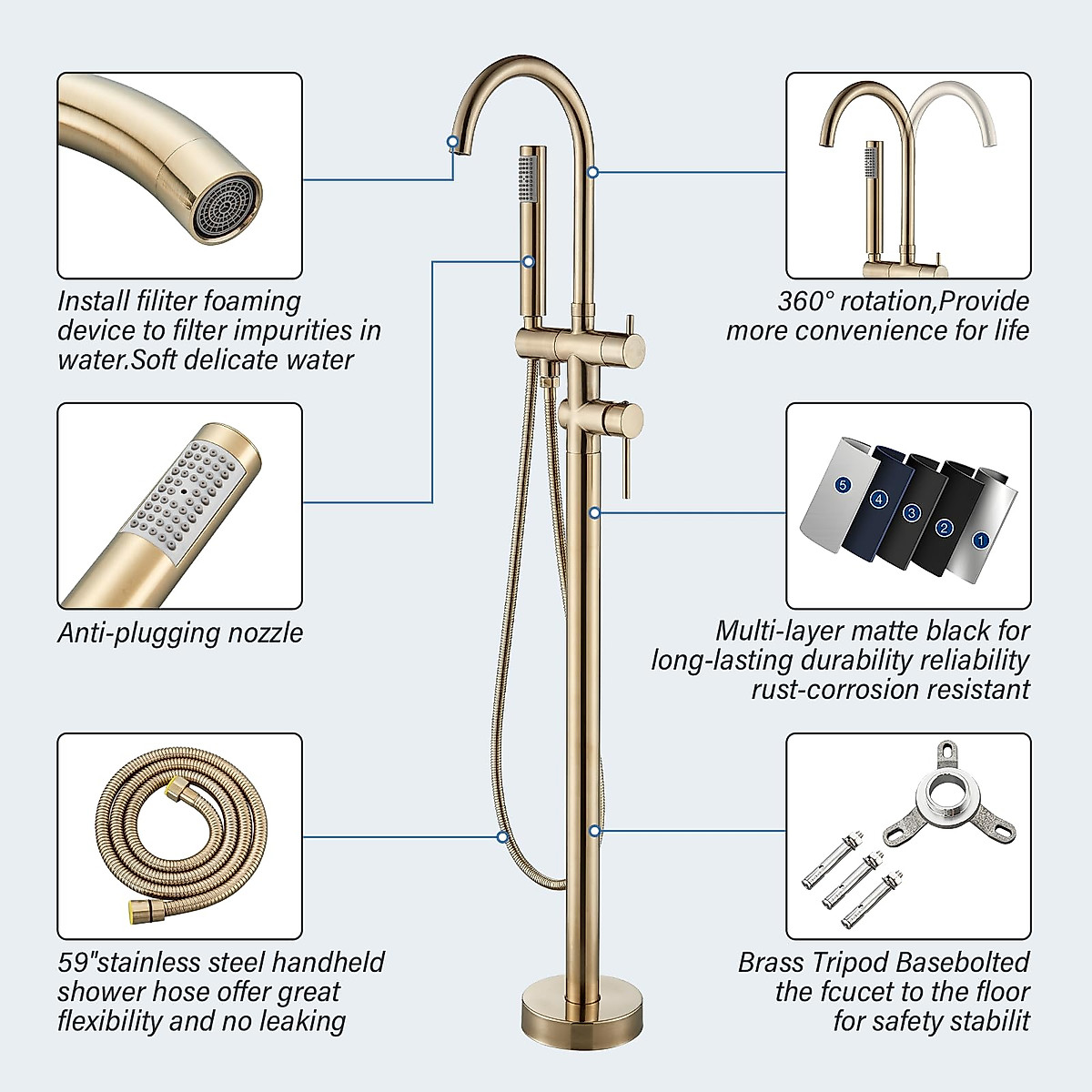 Brushed Gold Freestanding Bathtub Faucet with Hand Shower Tub Filler Faucet Floor Mounted High Flow Single Handle Bath Filler Solid Brass