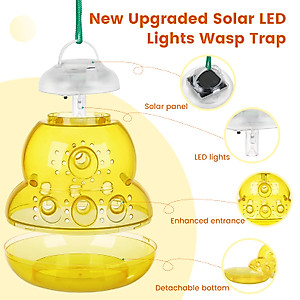 Solar Wasp Trap Outdoor Hanging, New Upgrade LED Blue Light Bee Traps Catcher, Wasp Insect Killer, Solar Panel Non-Toxic Reusable Hornet Yellow Jacket Trap for Garden, Yard (Yellow-2 Pack)