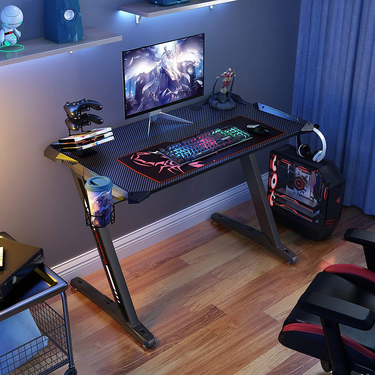 EUREKA ERGONOMIC Computer Desk, Gaming Desk with LED Lights 44.5 inch, Home Office Z Shaped Gaming Computer Desk Table with Mouse Pad Headset Hook Controller Stand Cup Holder, Black