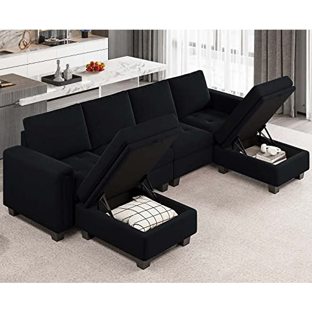 Belffin Velvet U Shaped Sectional Sofa Couch with Storage Ottoman Convertibel Sectional Sofa with Reversible Chaises Black