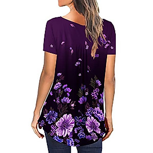 Plus Size Womens Tunic Tops To Wear With Leggings Summer Short Sleeve Henley Shirts Casual Ruffles Button Up Blouses Purple Print 3XL