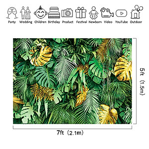 Riyidecor Jungle Green Tropical Palm Leaves Backdrop Polyester Fabric Golden Leaf Plants Safari Nature Summer Hawaiian 7Wx5H Feet Photography Background for Birthday Baby Shower Photo Studio Shoot