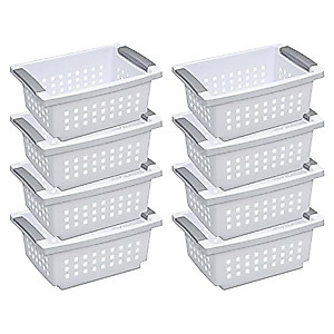 Sterilite Small Plastic Stacking Storage Basket Container Totes w/Comfort Grip Handles and Flip Down Rails for Household Organization, White, 8 Pack