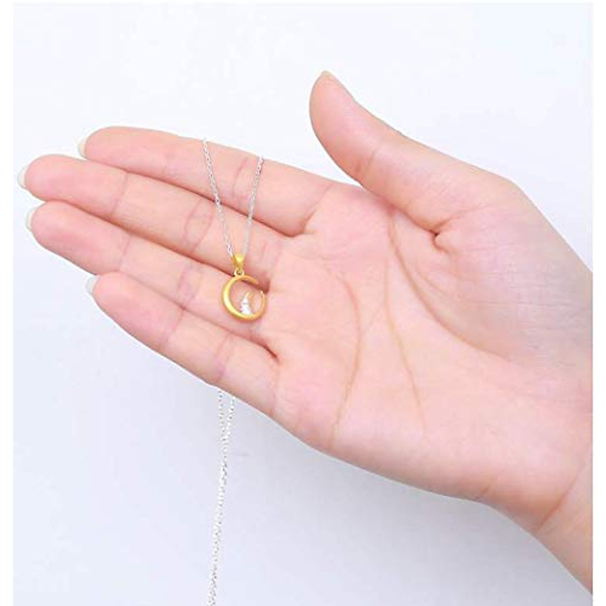 Cute Bunny Rabbit On The Moon Pendant Necklace for Women Teen Girls S925 Sterling Silver Hypoallergenic Dainty Tiny Crescent Choker 18" Chain Collar Delicate Animal Jewelry Gifts Box for Daughter