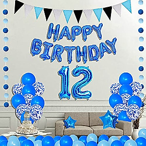 Succris 12ND Blue Theme for 12 Years Old Birthday Party Supplies Blue Happy Birthday Banner Blue Circle Dots Garland Paper Hanging Triangle Flag Banner Confetti balloons Number 12 Blue