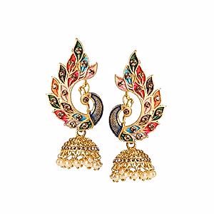 Bindhani Indian Bollywood Style Gold Toned Peacock Meenakari Jhumka Earrings For Women