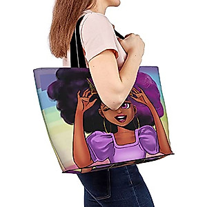 fekupizz Afro Black Girl With Purple Hair Canvas Tote Bag, Women Large Shoulder Bag, Shopping Bag