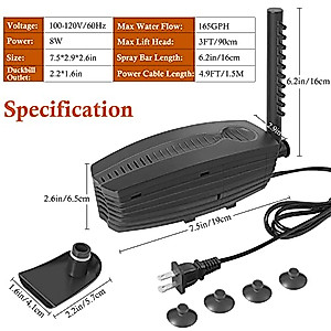 FEDOUR 165GPH Aquarium Filter, 8W Adjustable Fish Tank Filter Pump, Submersible Internal Filter for 10-50 Gallon Tank, with Biochemical Cotton, Activated Carbon Cotton, Ceramic Balls