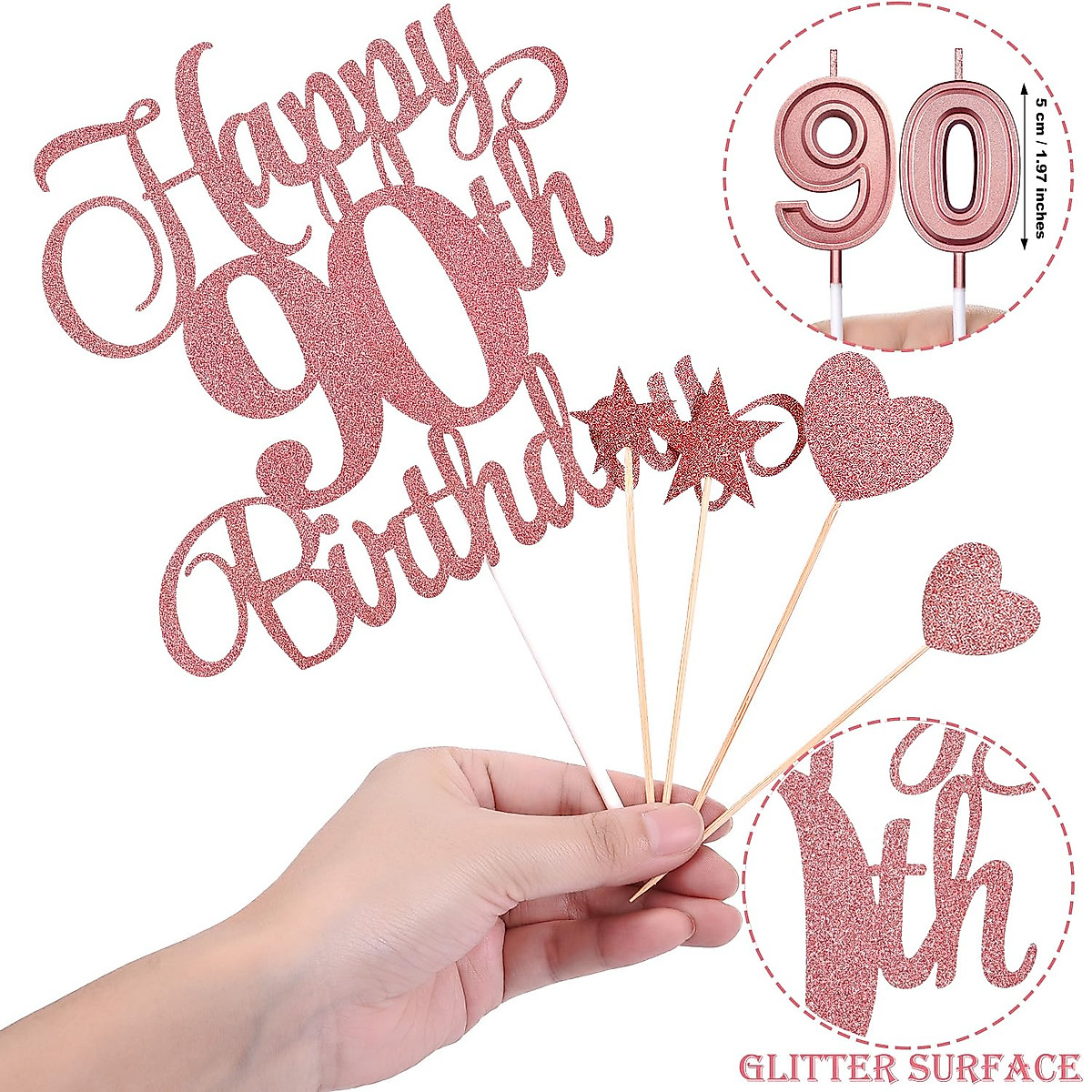 90th Birthday Cake Decorations Set Include 90th Birthday Candles Numeral 90 Cake Candles and Happy 90th Birthday Cake Toppers with Heart Star Cupcake Picks for Birthday Party (Rose Gold Series)