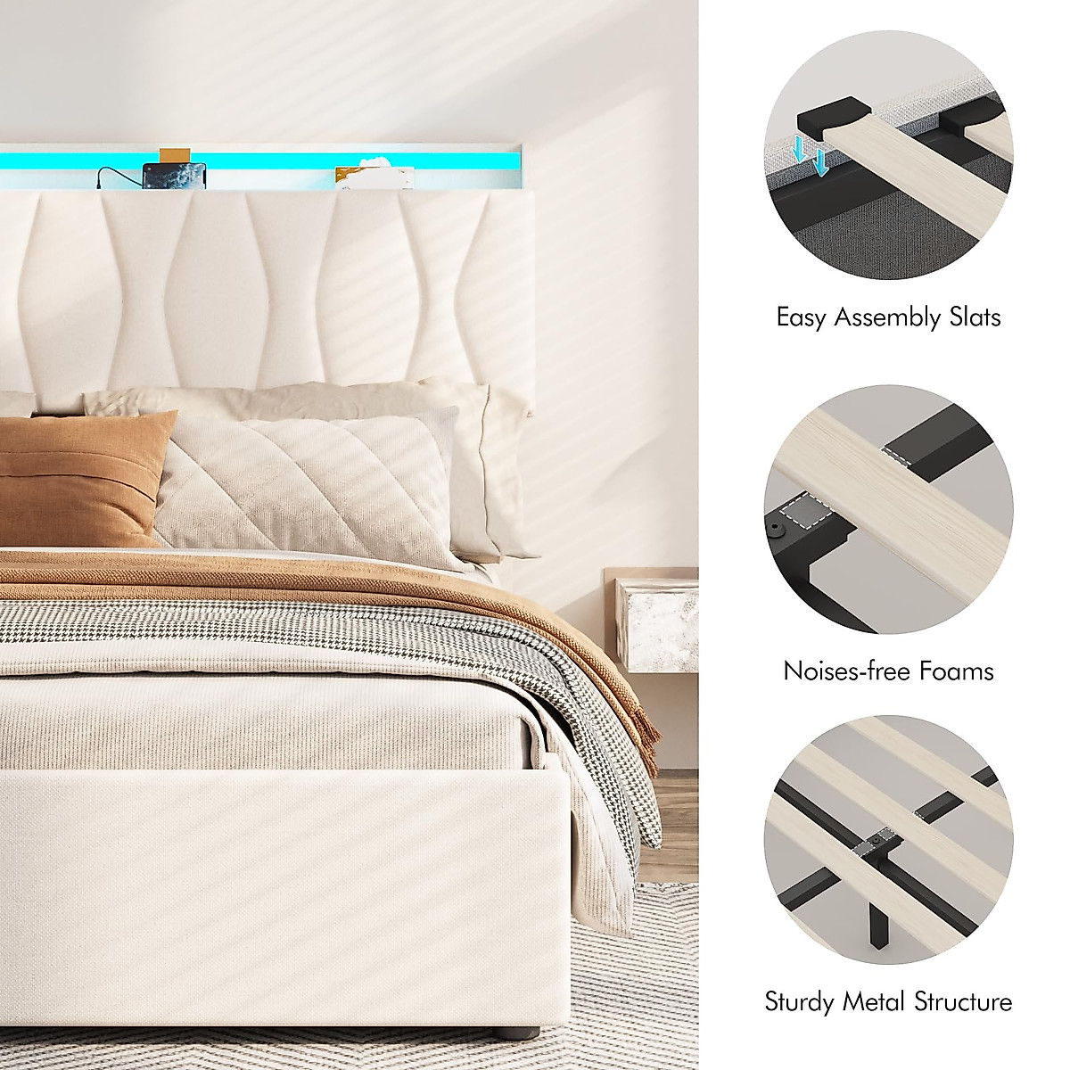 Queen Size Lift Up Storage Bed Frame with Adjustable Headboard, Charging Station, LED Lights, Wood Slats, Noise-Free, No Box Spring Needed, Beige