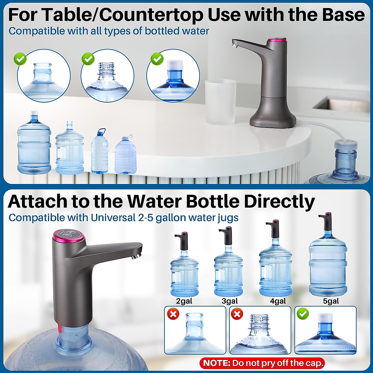 Water Dispenser, Rechargeable Wireless Water Pump with 2 Detachable Base for 5 Gallon Water Bottle or Desktop, Automatic Bedside Water Jug Dispenser