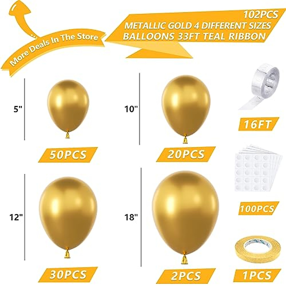 NISOCY Gold Metallic Chrome Latex Balloon Arch Garland Kit, 102PCS 18In 12In 10In 5In for Festival Picnic, Engagement, Wedding, Birthday, Gold Theme Anniversary Celebration Decoration with 33ft Ribbon