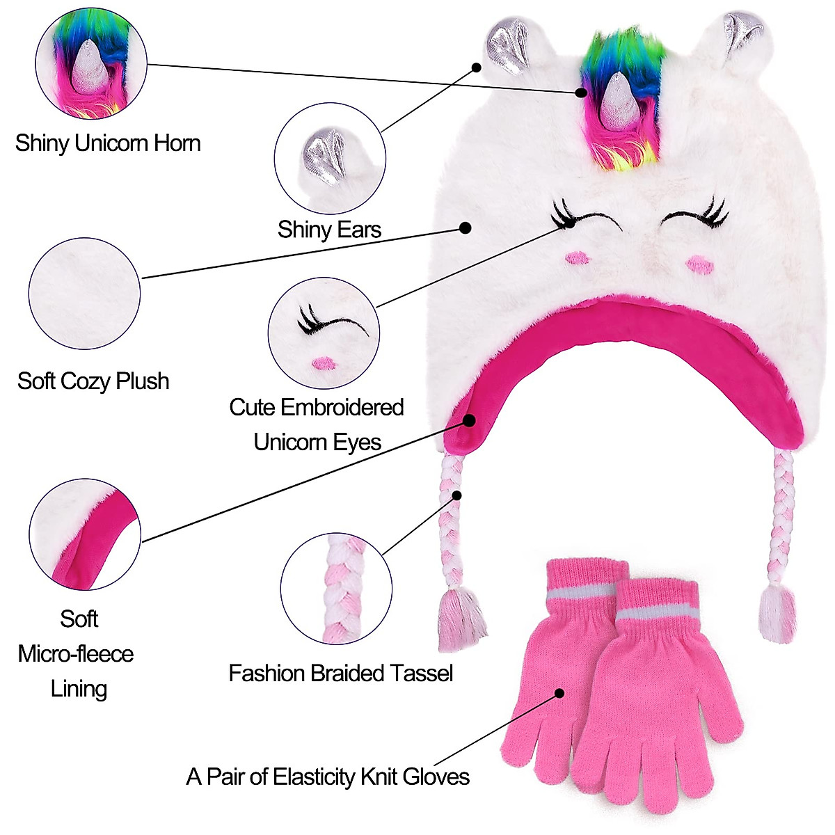 Kids Girls Winter Unicorn Beanie Hat Gloves Set, Boys Girls Warm Fleece Lined Hat Toddler Cute Cat Hat with Earflap for 2-7T