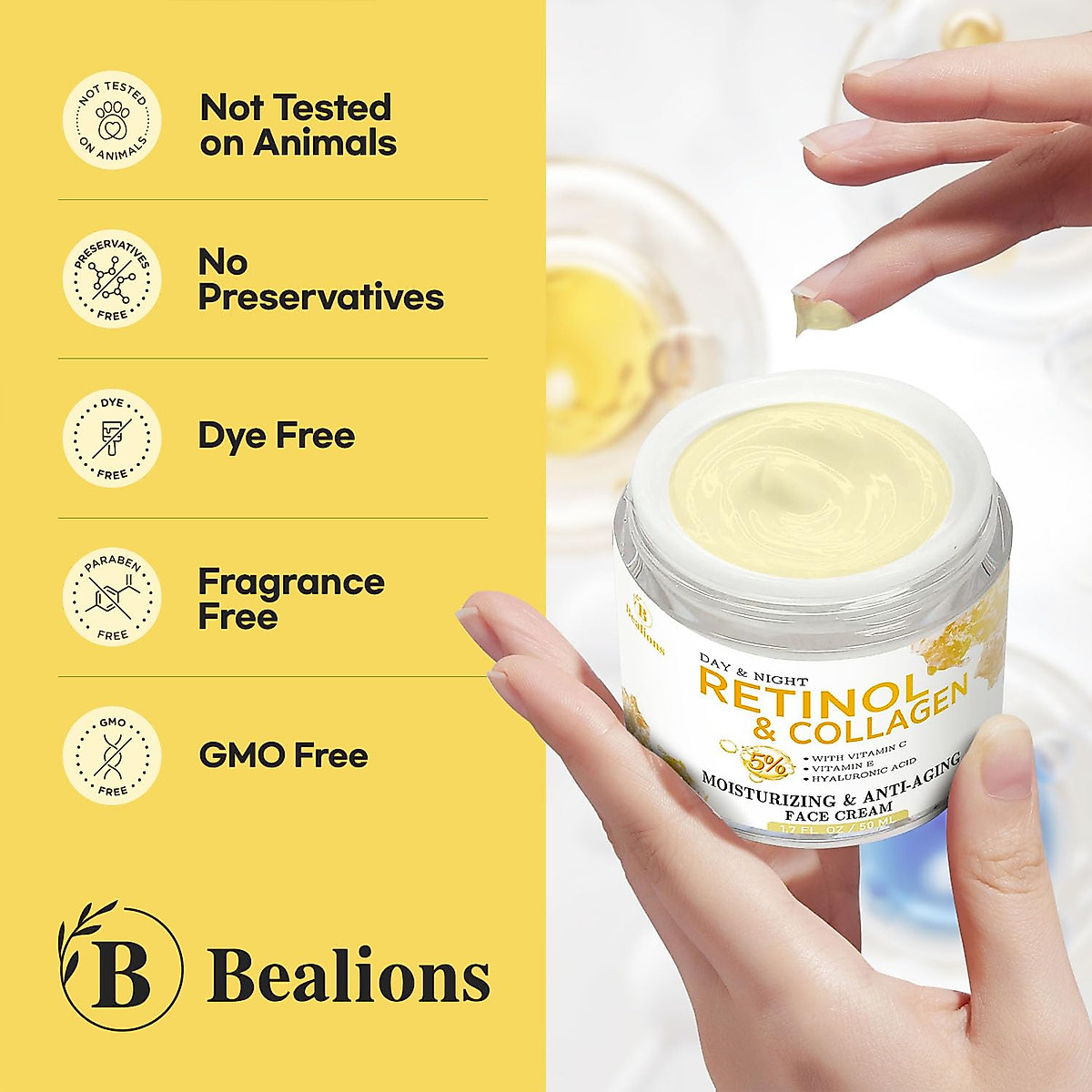 Bealions Retinol Collagen Cream - Hydrating Hyaluronic Acid Face Moisturizer, Anti-Aging & Firming, Vitamin C+E, for All Skin Types, USA-Made, 1.7 Fl Oz
