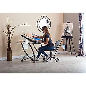 SD STUDIO DESIGNS Futura Luxe Drawing, Drafting, Craft Table with Drawer, 35" Wide Angle Adjustable Top and Side Shelf, Pewter Grey/Clear Glass