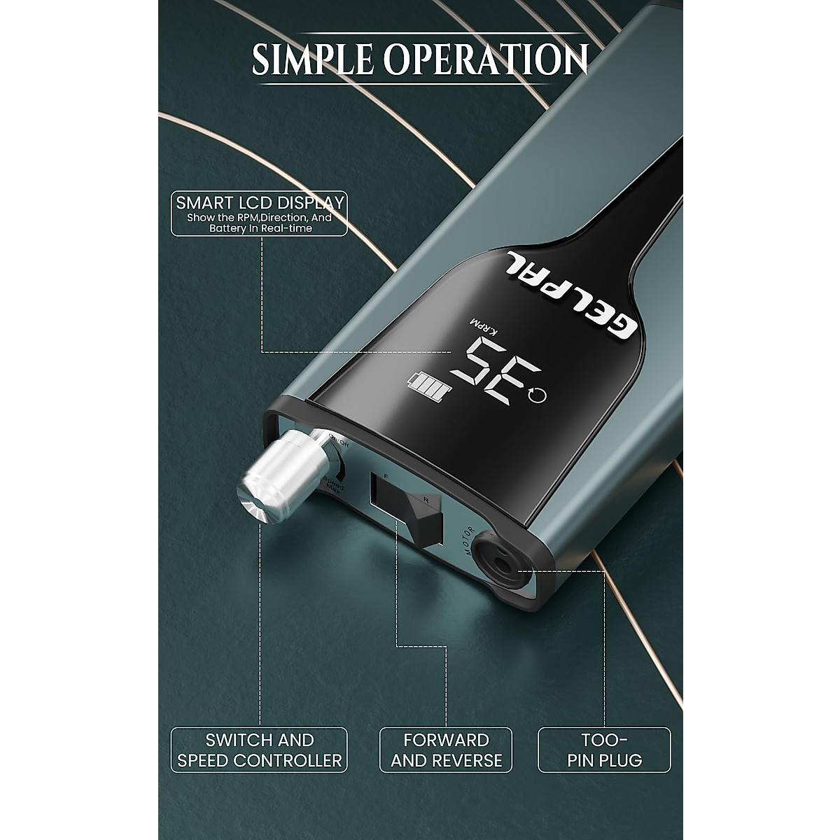 Gelpal Rechargeable Nail Drill - Brushless Motor - Electric Nail Drill for Acrylic Nails Professional,35000RPM Electric Nail File,Cordless Nail Drill for Home Salon, Low Noise, Low Heat, Blue Grey