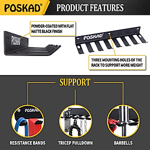 Poskad Gym Storage Rack,8 Hook Heavy-Duty Steel Gym Organizer Wall Mount Hanger for Home and Pro, Gym Accessory Storage Resistance Bands,Jump Ropes,Lifting Belt,Barbells. (16''-8 Hooks)