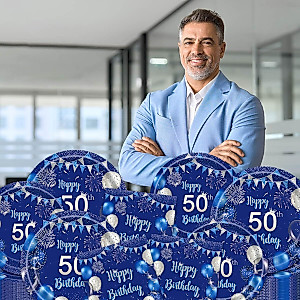 96 Pcs Blue 50th Birthday Party Plates Napkins Tableware Set Happy Birthday Supplies Navy Blue and Silver Disposable Dinnerware Decoration Favors for Women Men 24 Guests