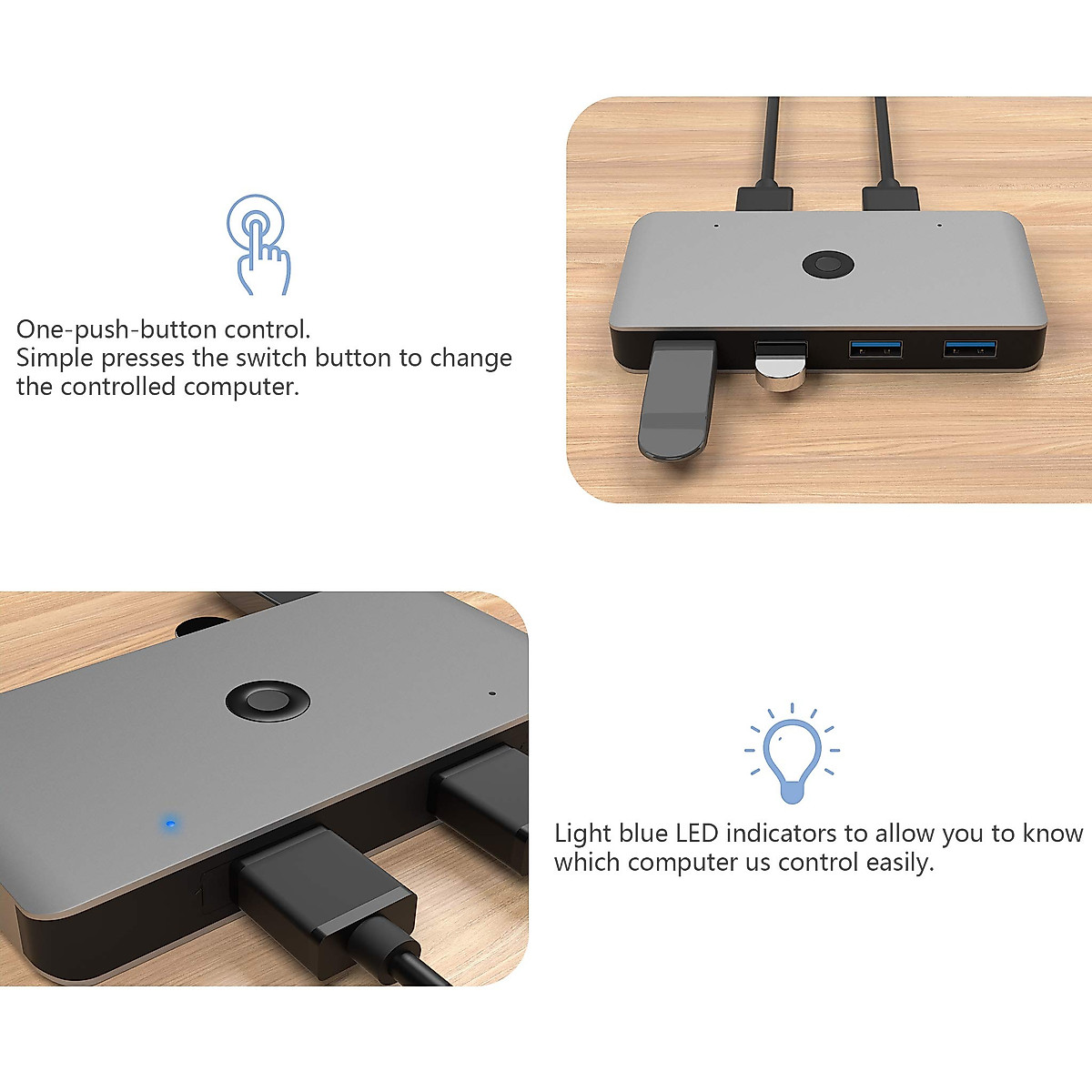 Cateck USB 3.0 Aluminum Sharing Switch Selector 4 Port 2 Computers Peripheral Switcher Adapter Hub for PC, Printer, Scanner, Mouse, Keyboard with One Button Swapping and 2 Pack USB 3.0 Male Cable