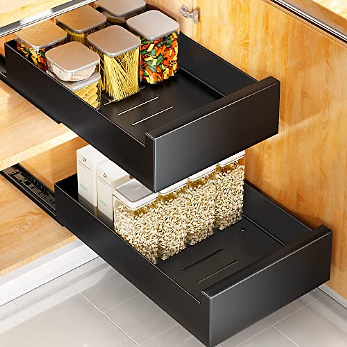 Pull Out Cabinet Organizer Fixed With Adhesive Nano Film,Heavy Duty Storage and Organization Slide Out Pantry Shelves Sliding Drawer Pantry Shelf for Kitchen,Living Room,Home, 11.8"W x16.9"D x 3.1"H
