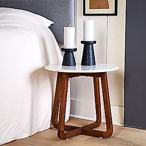 Main + Mesa Modern Boho Round End Table with Genuine Marble Top and Solid Wood Legs, White and Walnut