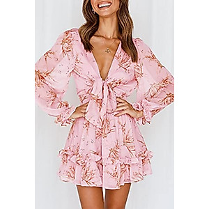 PRETTYGARDEN Women's Short A-Line Flare Dress Knot Front Long Sleeve V Neck Tiered Ruffle Swing Mini Skater Dresses (Pink Floral,Small)