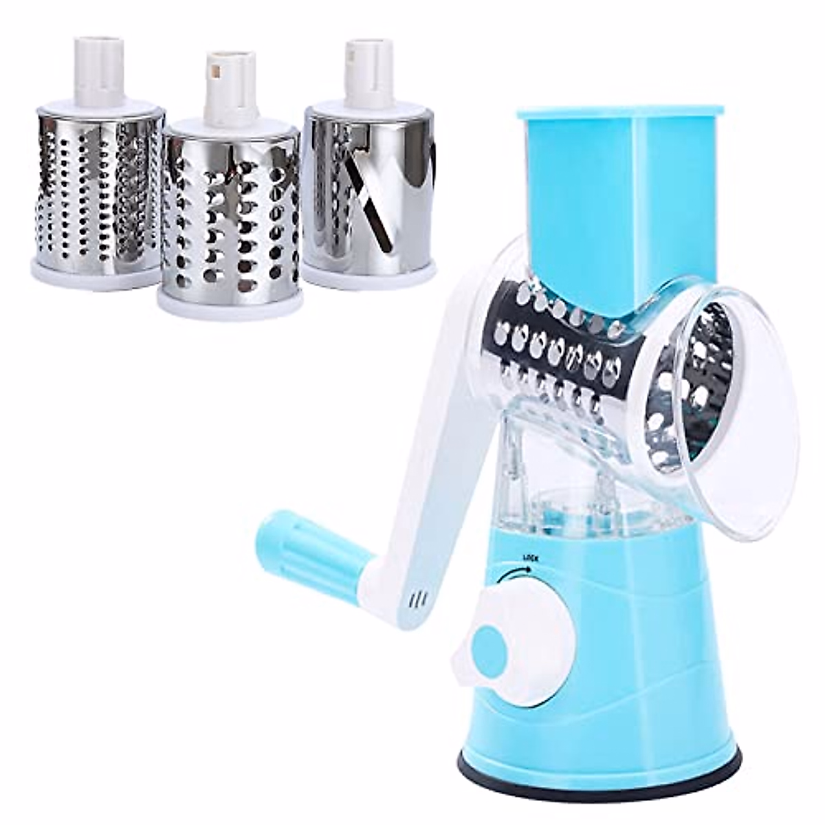 Rotary Cheese Grater with Handle for Fruit,Vegetables,Nuts, 3 In 1 Multifunctional Kitchen Square Drum Vegetable Cutter & Round Mandoline Slicer Nuts Grinder With 3 Interchangeable Blades (Blue)