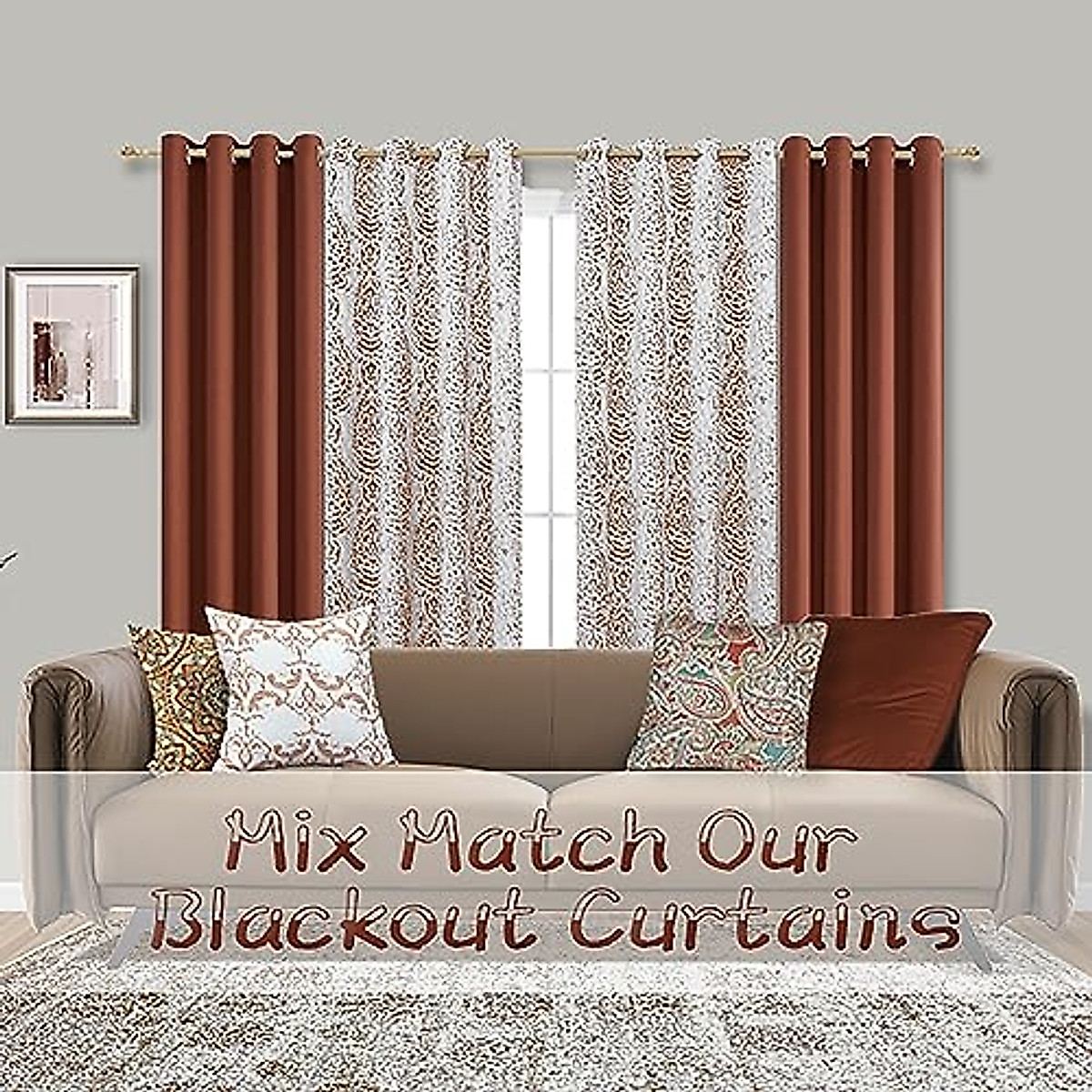 Mrs.Naturall Rusty Orange Curtains 63 Inch Length for Bedroom 2 Panels Grommet Burnt Orange Medallion Patterned Damask Moroccan Design Semi Sheer Drapes for Living Room,Terracotta and Gray Cream