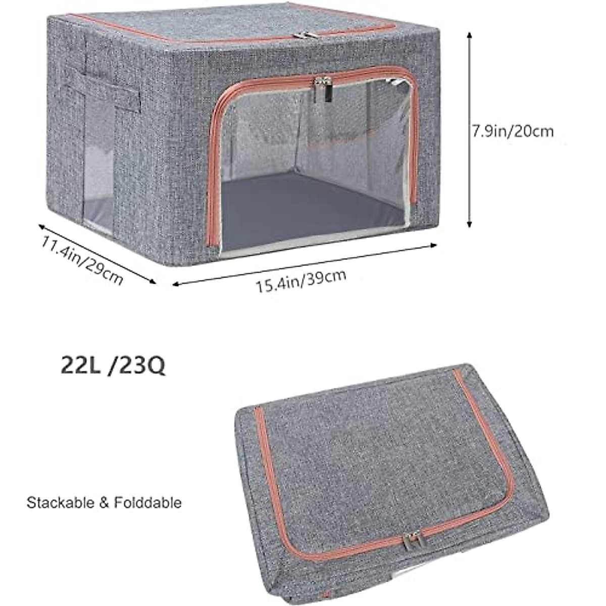 OJIMO Foldable Clothes Storage Bins 2 Pack,Stackable Metal Frame Storage Box w/Reinforced Handle, Stackable Thick Linen Fabric Closet Organizer Set with Clear Windows, Sturdy Zippers(15.4x11.4x7.9in)
