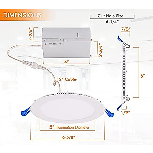 CLOUDY BAY 6 inch 3000K/ 4000K/ 5000K Three Color Temperature Selectable, Dimmable 15W CRI 90+, Ultra Thin LED Recessed Light with Junction Box, IC Rated, Air Tight, ETL/JA8, White, 12 Pack