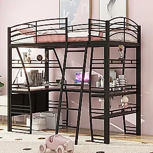 GJHOME Twin Size Loft Bed with 4 Layers of Shelves and L-Shaped Desk, Stylish Metal Frame Bed with a Set of Sockets, USB Ports and Wireless Charging, Black