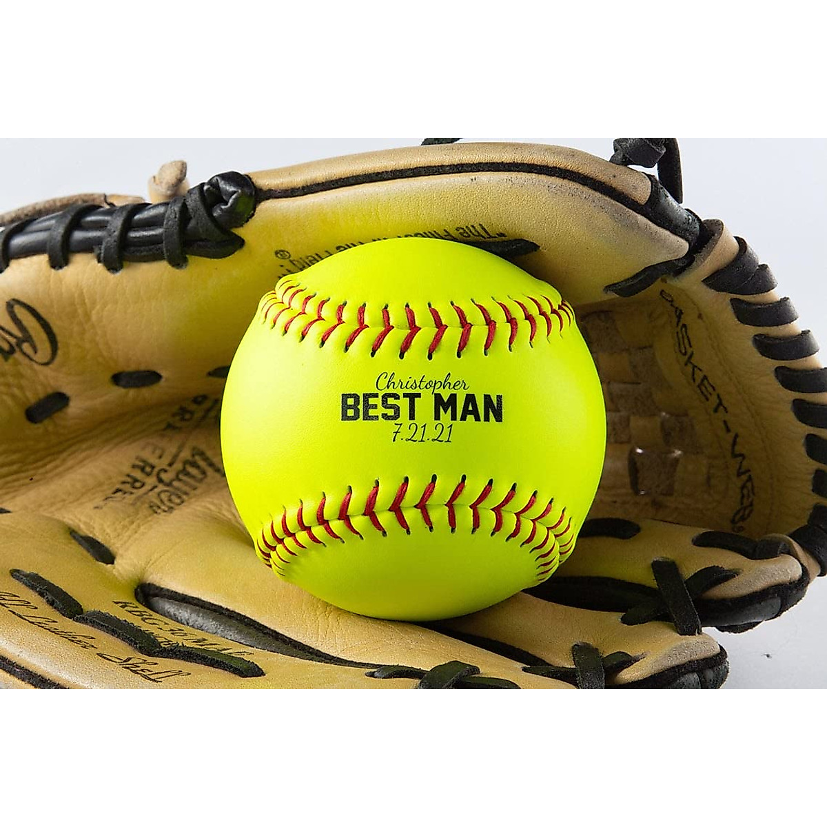 Buffalo Bottle Craft Personalized Yellow Softball, Groomsman Practice Softballs for The Best Man - Official Size- Custom Wedding Softball Proposal Gift Ring Bearer, Officiant