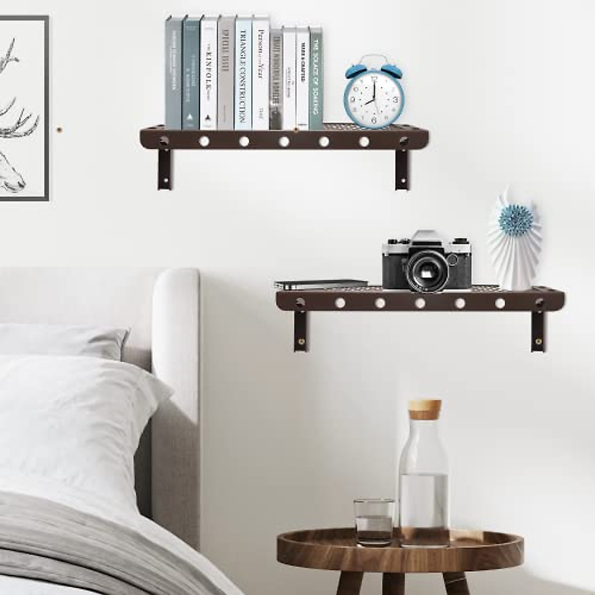 Sedesbon Floating Shelves Set of 2, Metal Shelves, Wall Mounted Shelves, Metal Panels, Folding, for Living Room, Kitchen, Bathroom, Garage, Brown with Hooks.