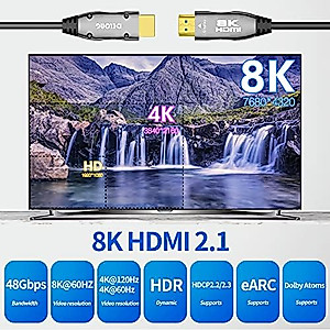 8K Fiber HDMI Cable 50ft, DELONG HDMI 2.1 Fiber Optic Cable Support 8K@60Hz, 4K@120Hz, 48Gbps, eARC Compatible with PS5, Xbox,RTX 3080 3090, Roku,8K TV DHDMI8K50FT Black