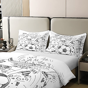 100% Organic Cotton Football Comforter Cover, Hand Drawn Sketch Soccer Flag Network Team Sports Duvet Cover for Boys Teens Men, Decorative 2 Piecce Bedding Set, Twin Size, White Black, No Comforter