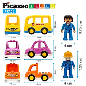 PicassoTiles Magnetic Figures 5 Piece Vehicle and Action Figure Set Including School Bus, Car, Truck and 2 Drivers Magnet Expansion Pack Toddler Toy Kit Pretend Playset for Construction Building Block