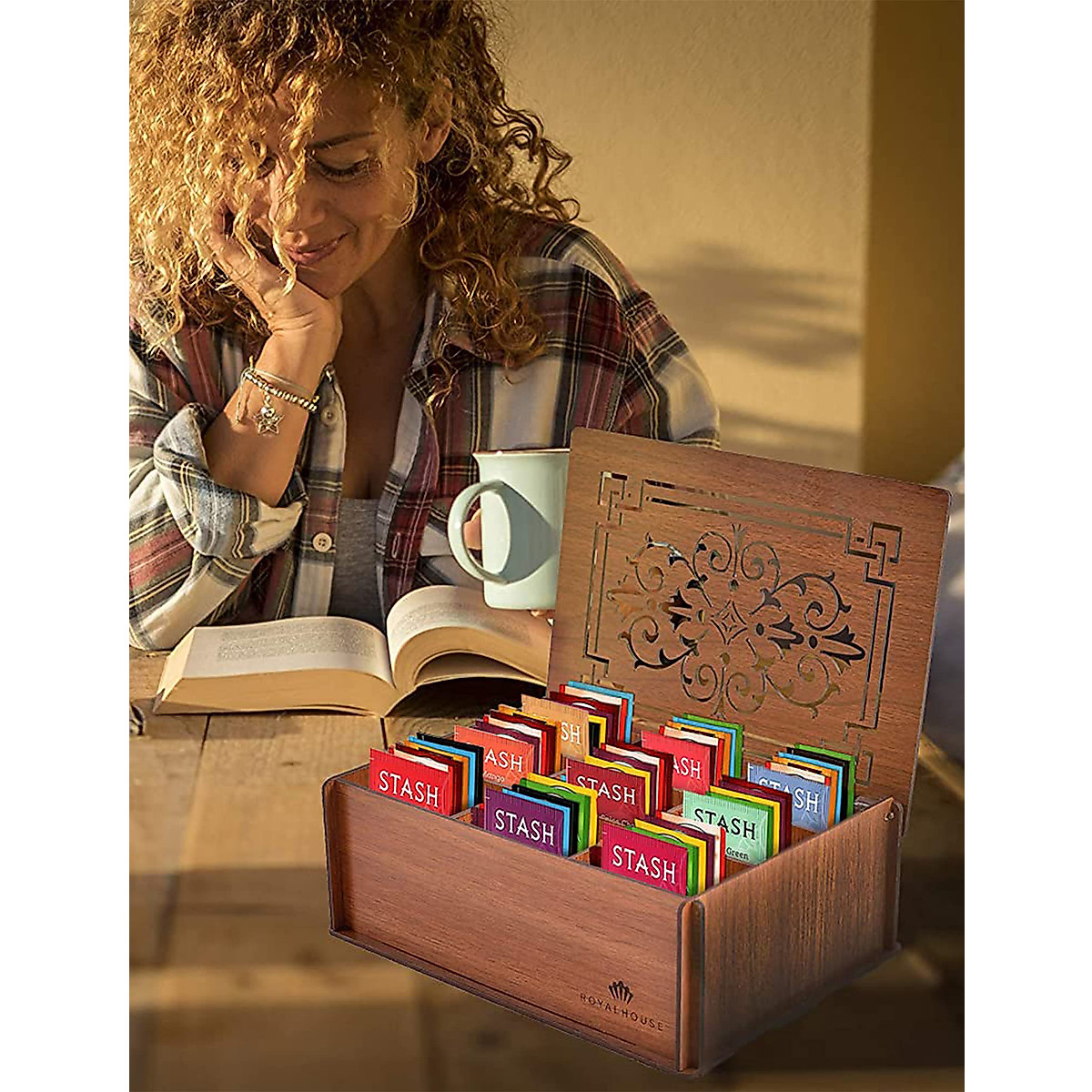 Eva's Gift Universe, Stash Tea Bags Sampler Assortment Box (80 Count) 28 Flavors Perfect Variety Pack in Wood (MDF) Gift Organizer Storage Gifts for Mom Dad Family Friends Coworker Women Men (Brown)