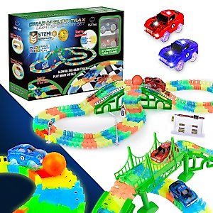 USA Toyz Glow in The Dark Car Race Tracks for Kids- Speedway Race Car Track Set with 360pk Rainbow Flexible Roads, 2 Light Up Toy Cars, Bridges, Ramps, STEM Building Toys for Boys and Girls Ages 3+